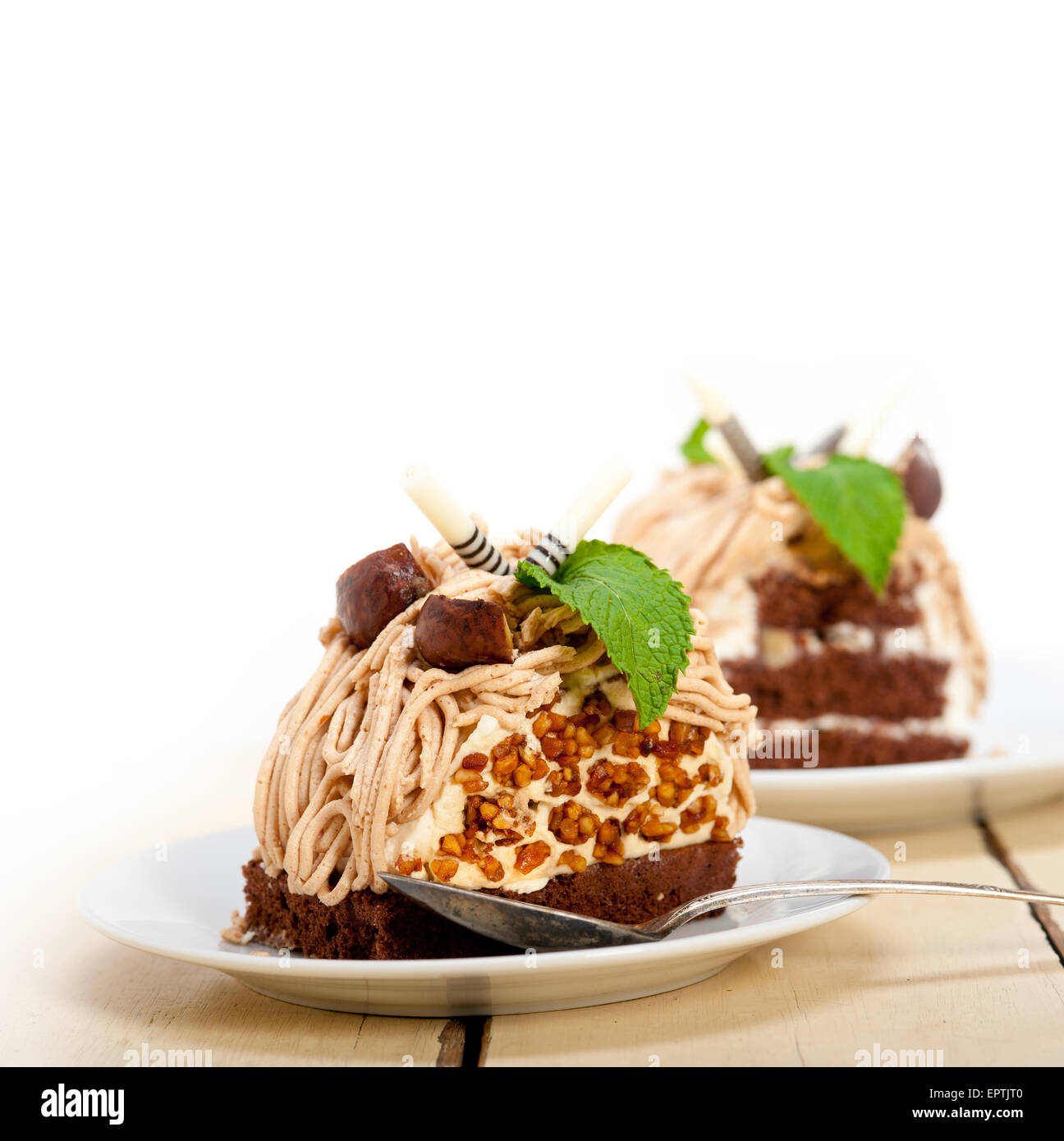 fresh baked chestnut cream cake dessert over rustic white wood table ...