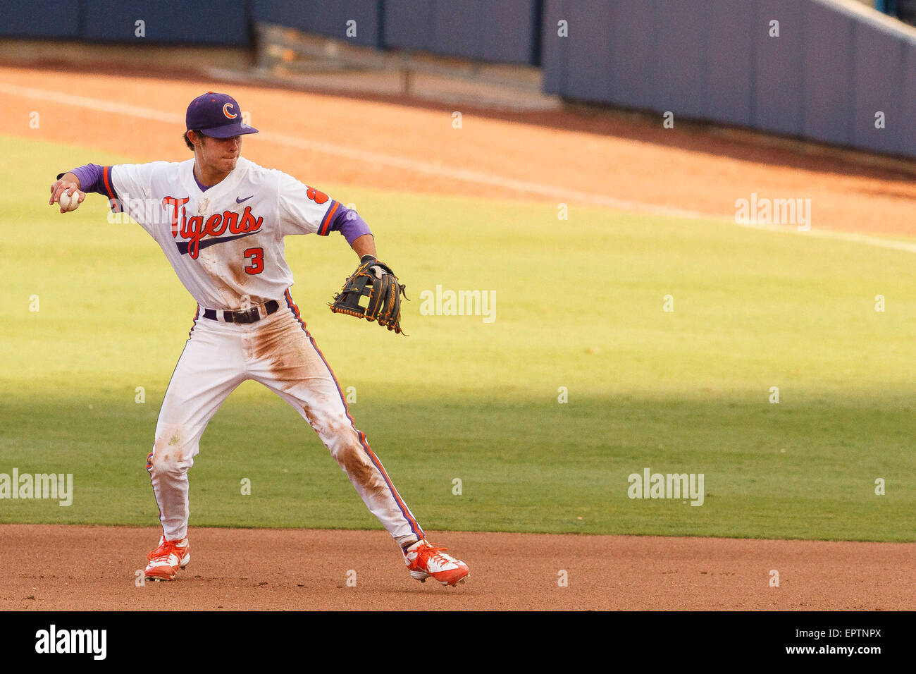 infielder Tyler Krieger (3) of the Clemson Tigers makes the second out ...