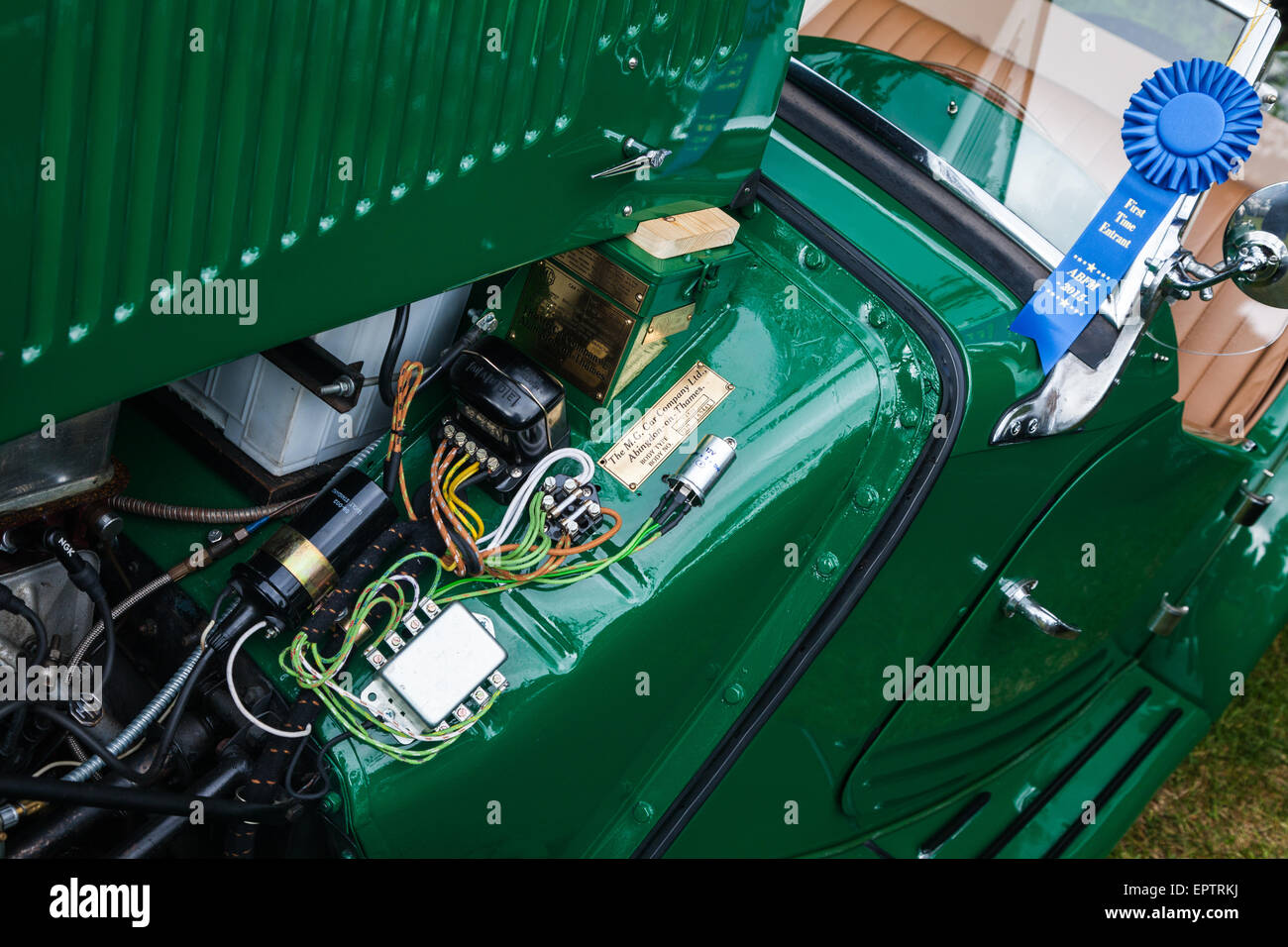 Tidy new wiring under the hood of a restored antique MG British Sports ...