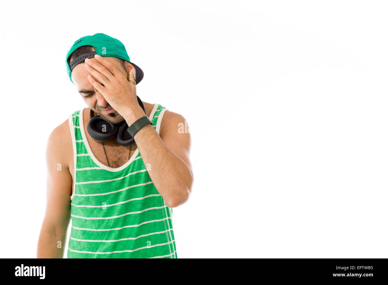 model isolated on plain background confused headache Stock Photo - Alamy