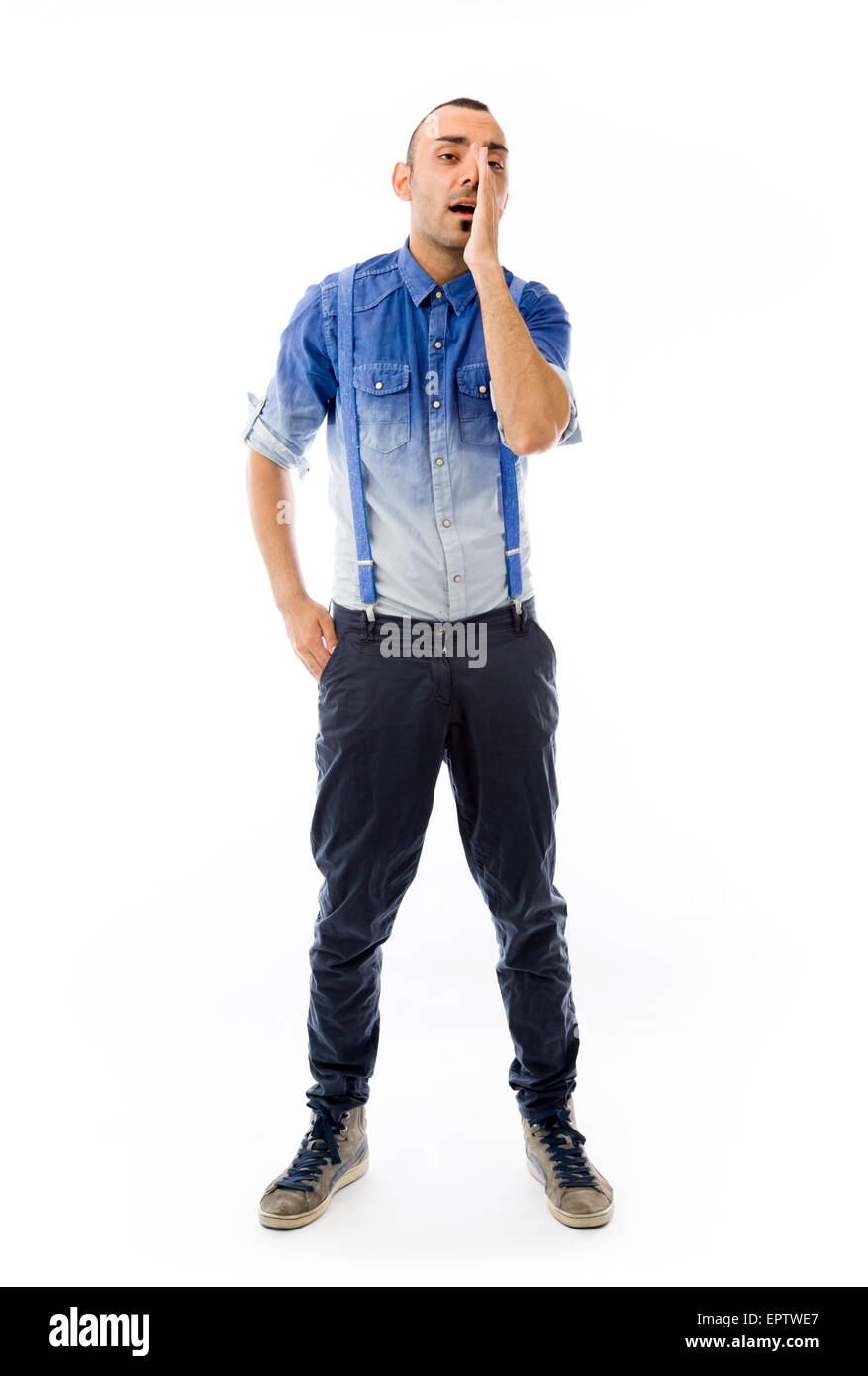 model isolated on plain background calling shouting Stock Photo - Alamy