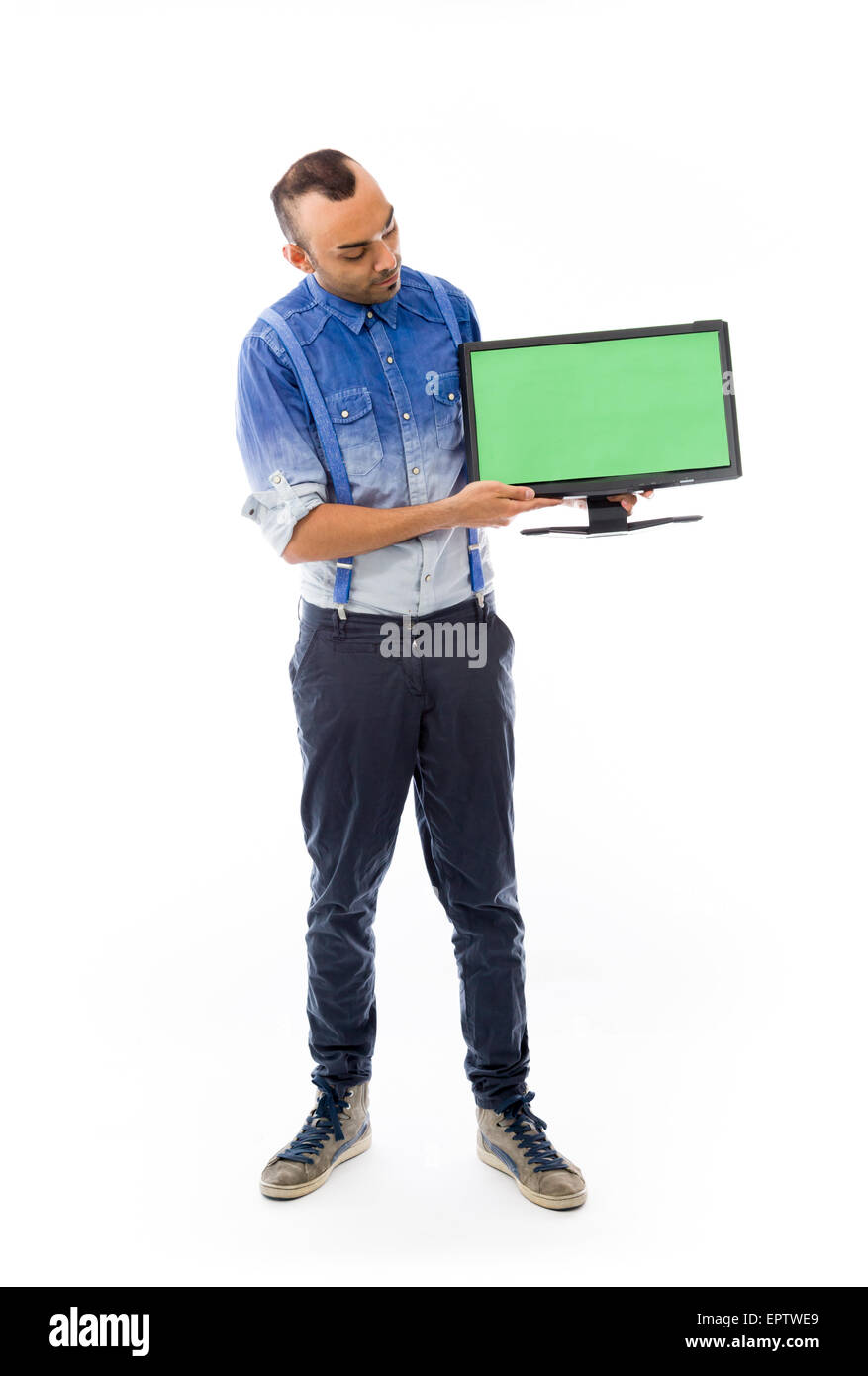 model isolated on white holding blank screen Stock Photo - Alamy