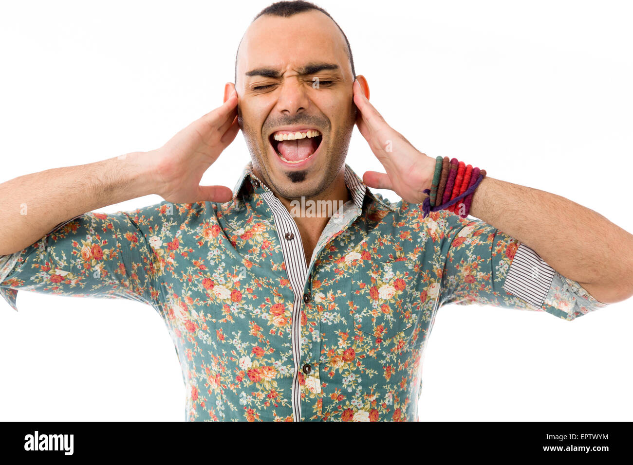 model isolated on plain background plugging ears with fingers Stock ...