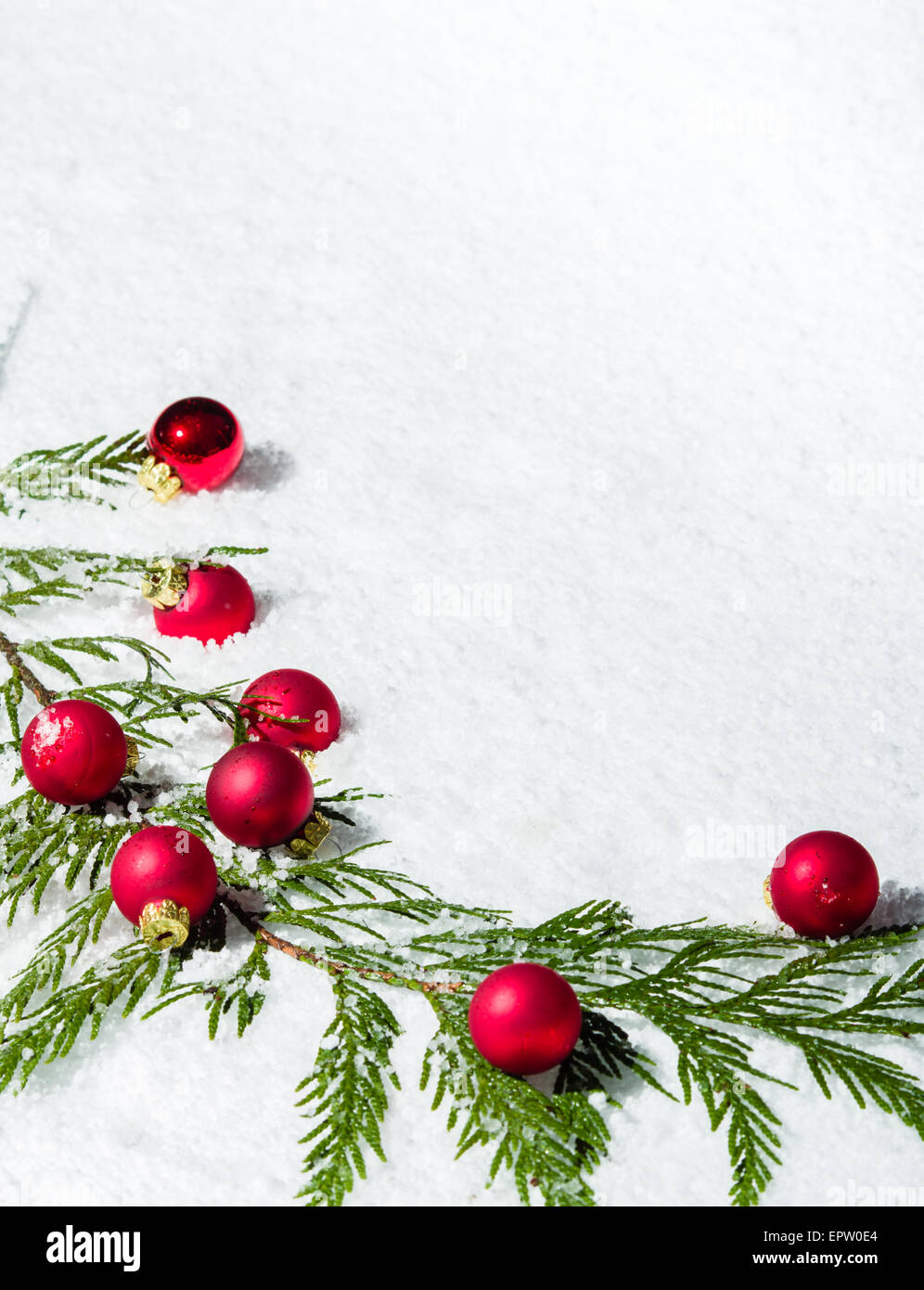 A corner border in the snow with red balls and cedar branch Stock Photo ...