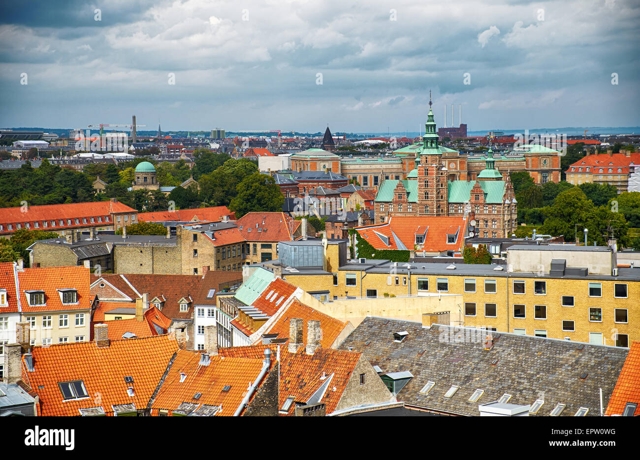 The view from the Round Tower on roof tiles houses and Rosenborg Castle ...