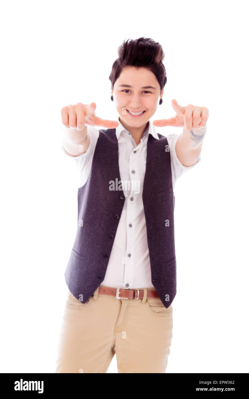 Young woman pointing towards camera with both hands Stock Photo - Alamy