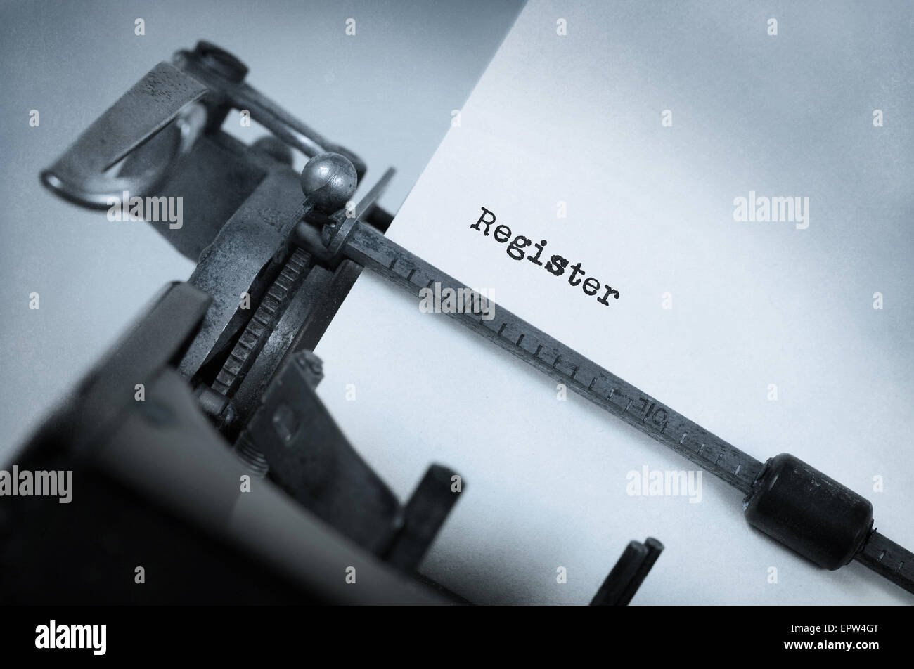 Vintage inscription made by old typewriter, Register Stock Photo - Alamy
