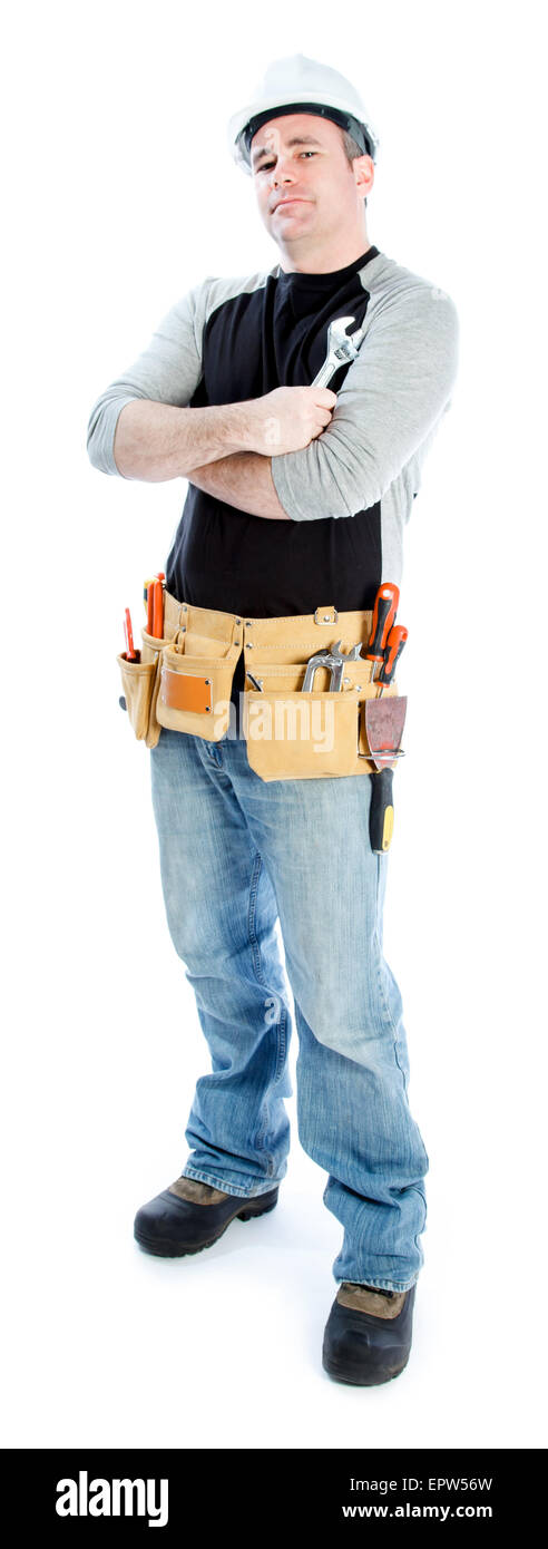 Caucasian contractor male 40 years old shot in studio isolated on white ...