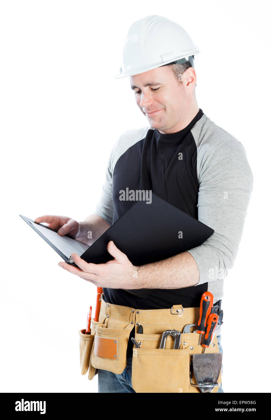 Caucasian contractor male 40 years old shot in studio isolated on white ...