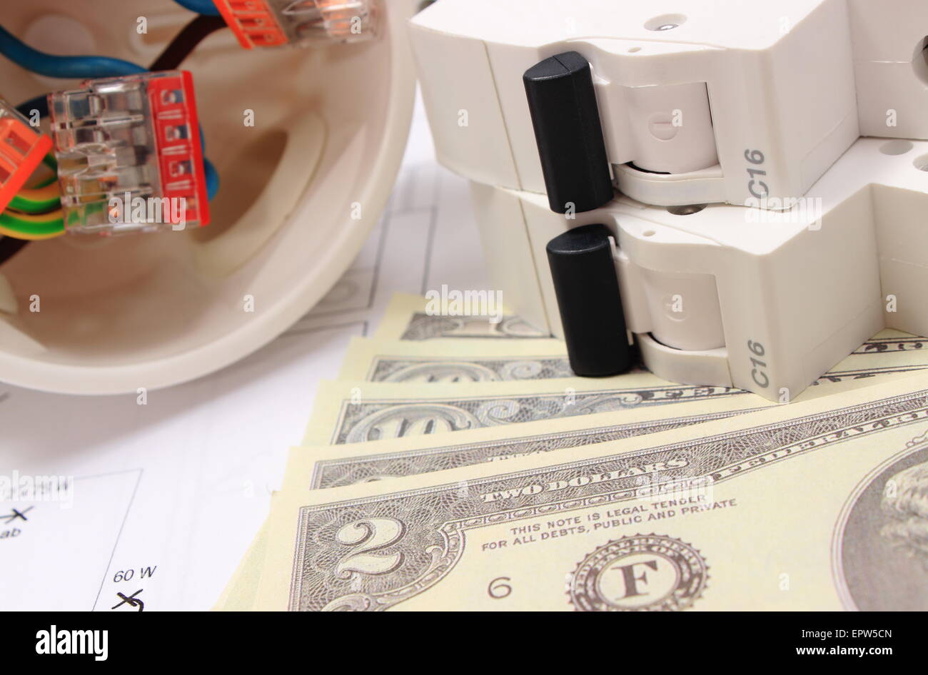 Copper wire connections in electrical box, electric fuse and money on ...