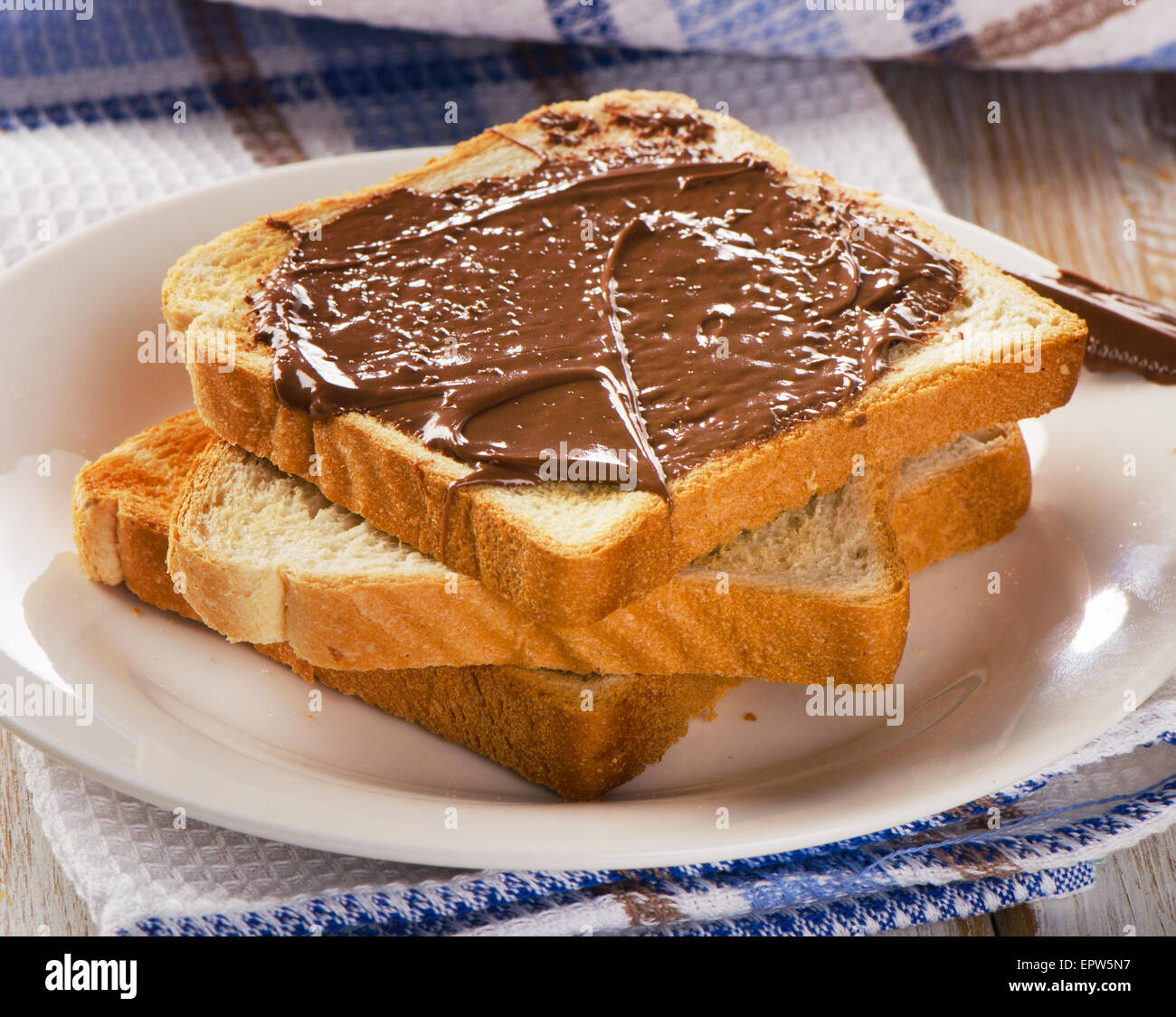 Toast with chocolate spread on white plate Stock Photo - Alamy