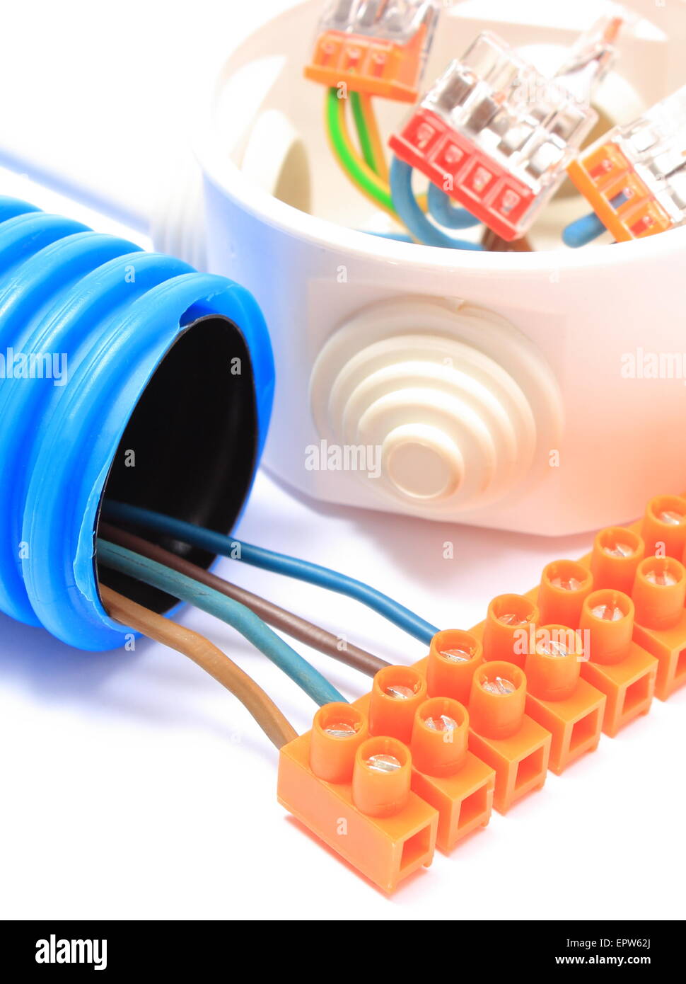 Corrugated plastic pipe, copper wire connections in electrical box and ...