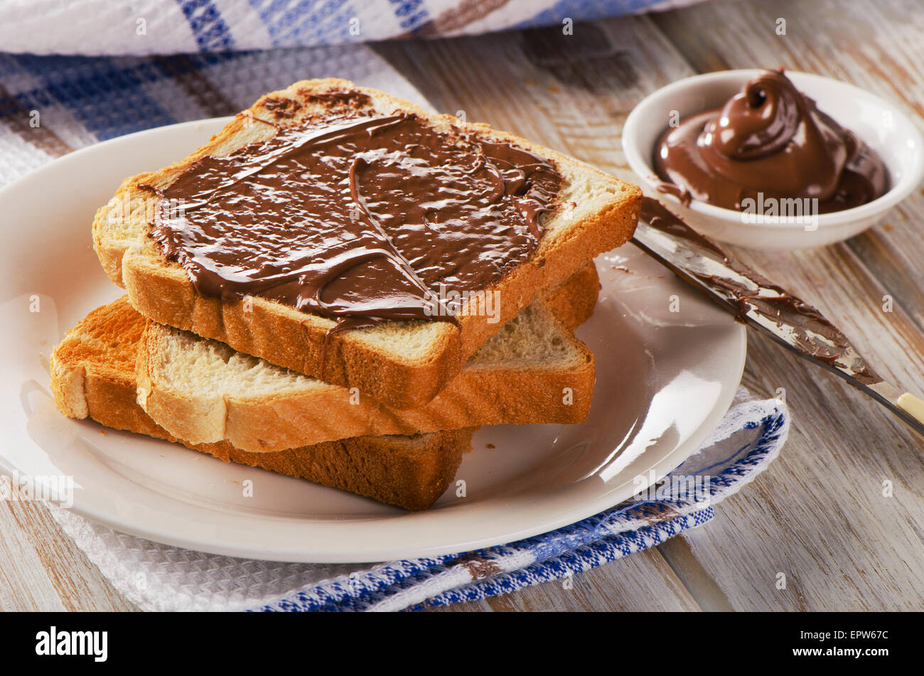 Fresh Toast with chocolate spread on a white plate Stock Photo - Alamy