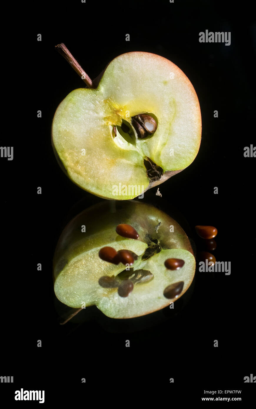 Apple cut in half with seeds on a black background with reflection ...