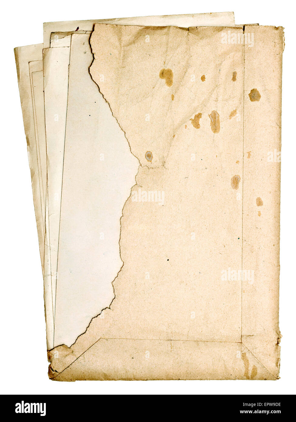 stack of old papers in a torn envelope isolated on white background ...