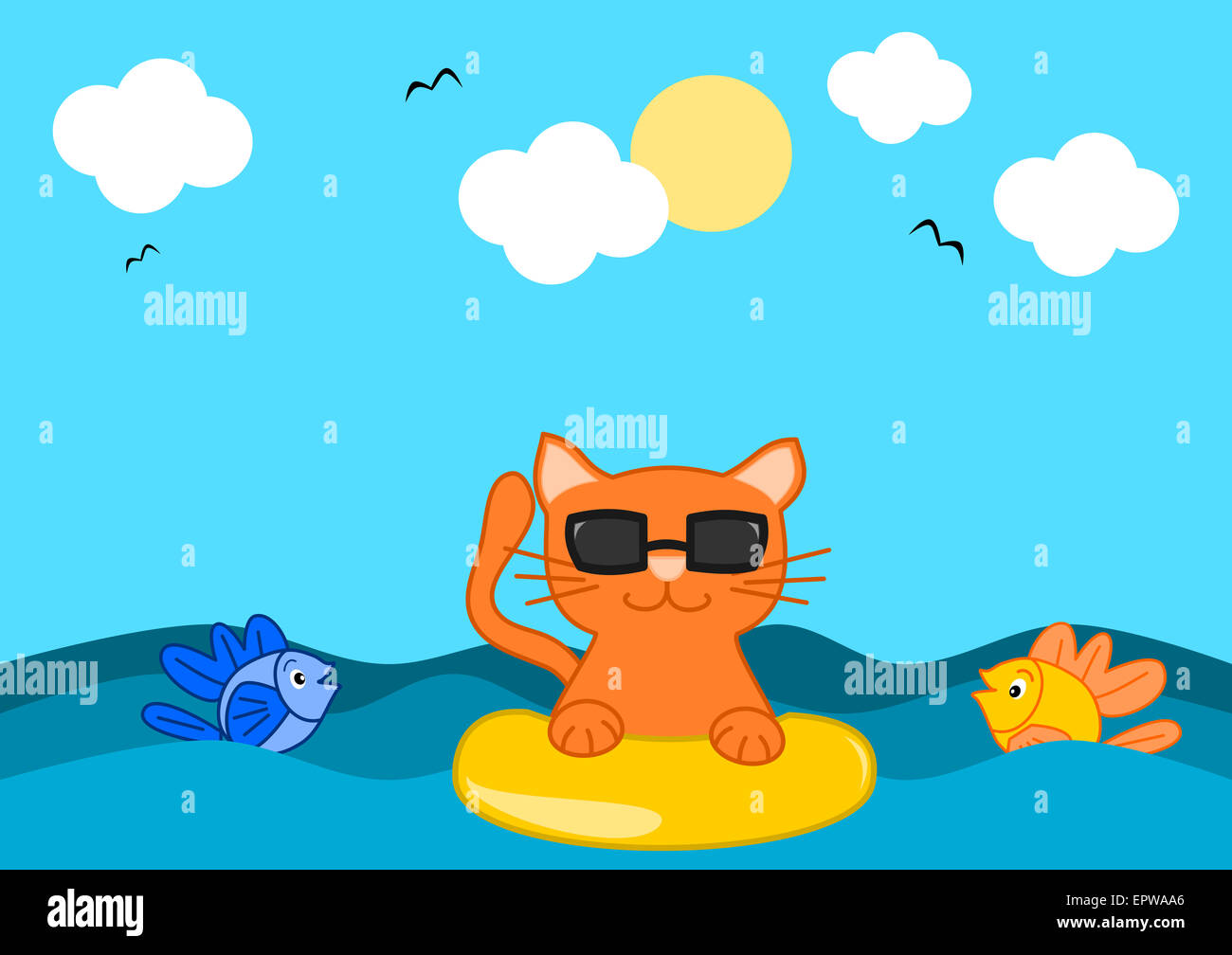 the orange cat and the summertime funny cartoon illustration Stock ...