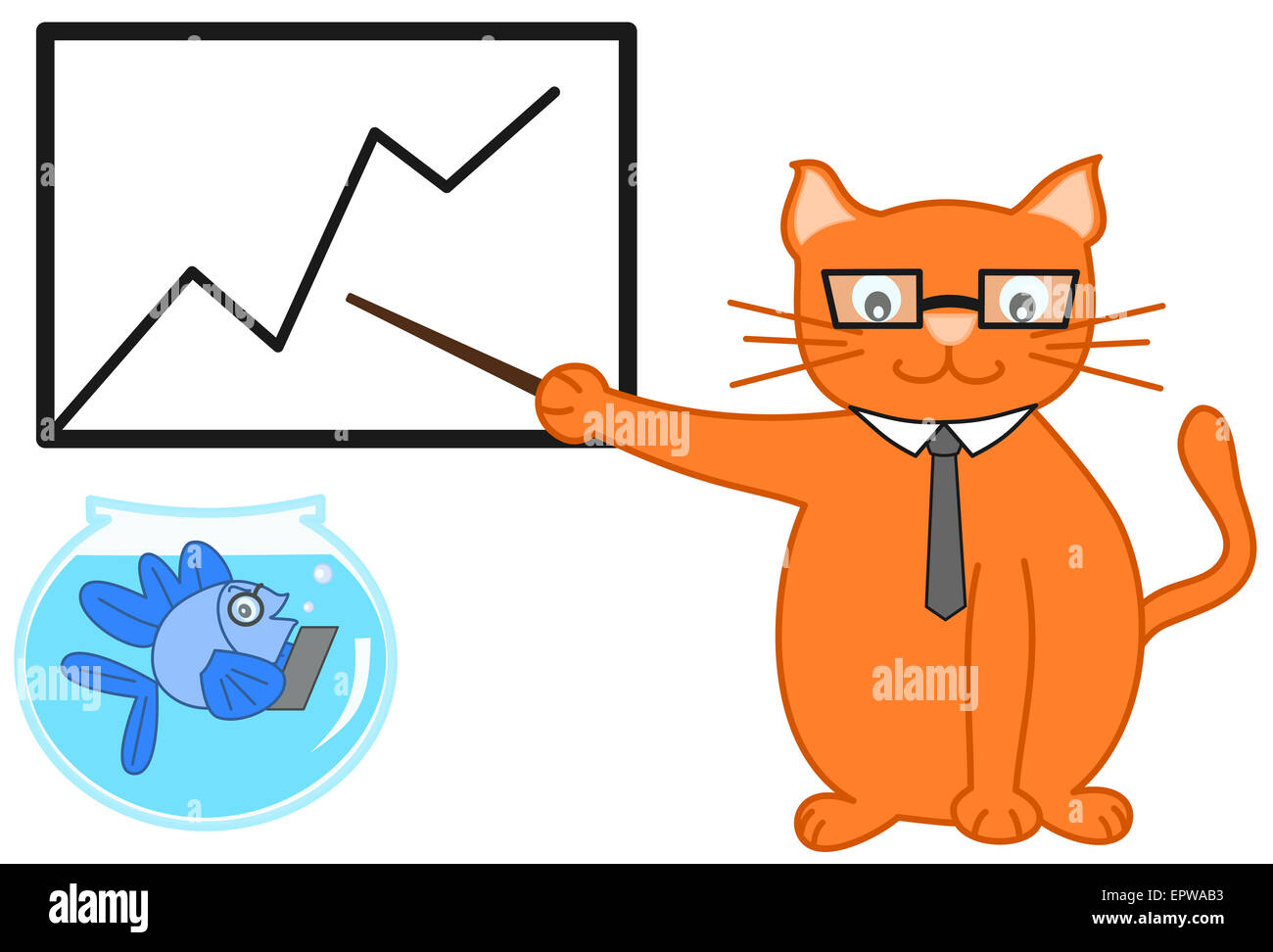 orange cat manager with his assistant blue fish funny cartoon ...