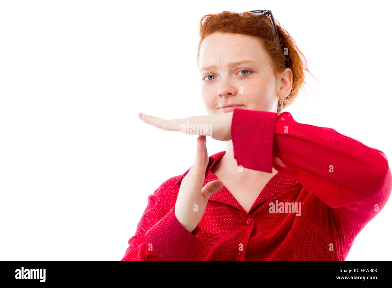 model isolated on plain background hand gesture break sign Stock Photo ...