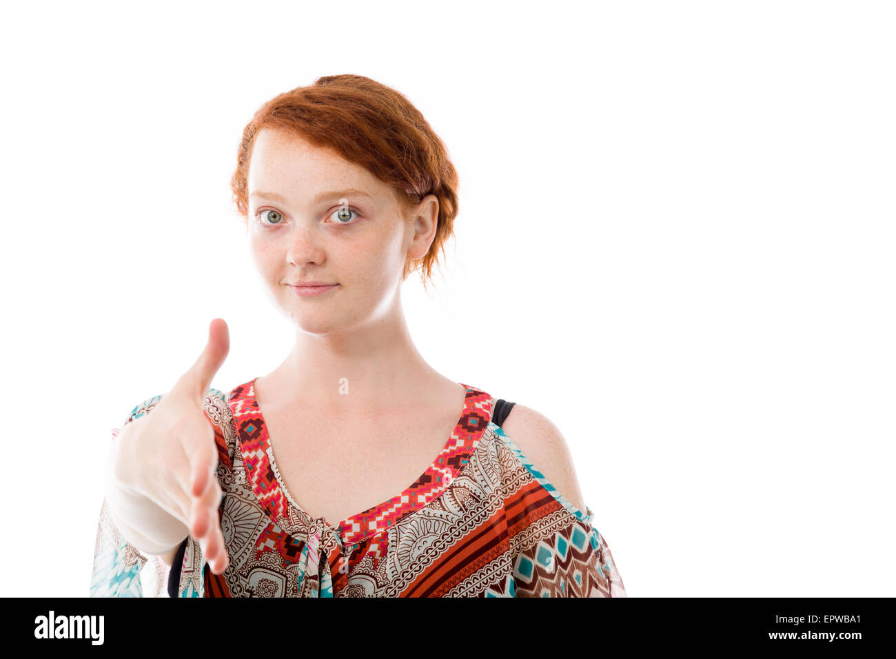 model isolated on plain background greetings hand shake Stock Photo - Alamy