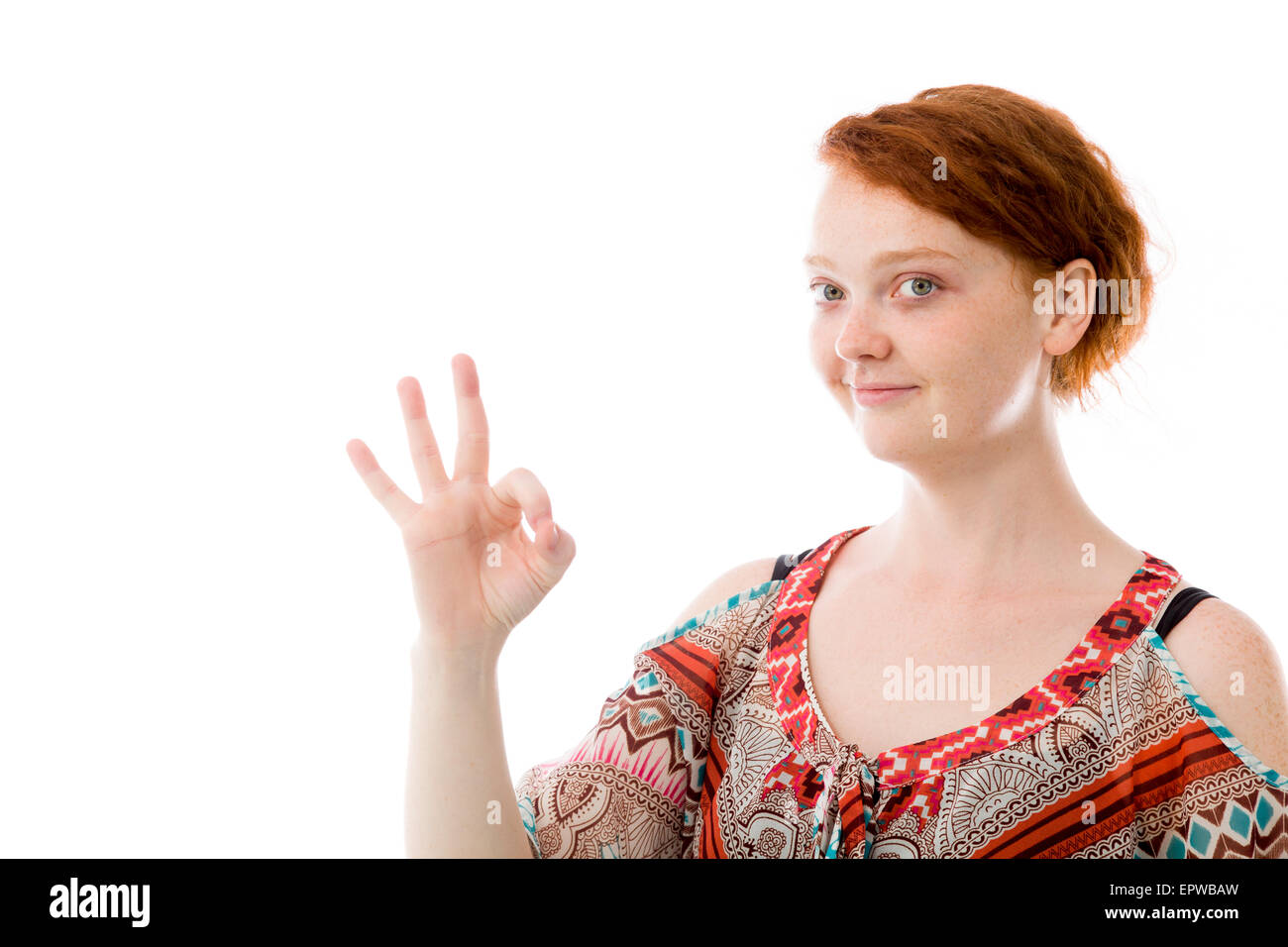 model isolated on plain background hand gesture ok sign Stock Photo - Alamy