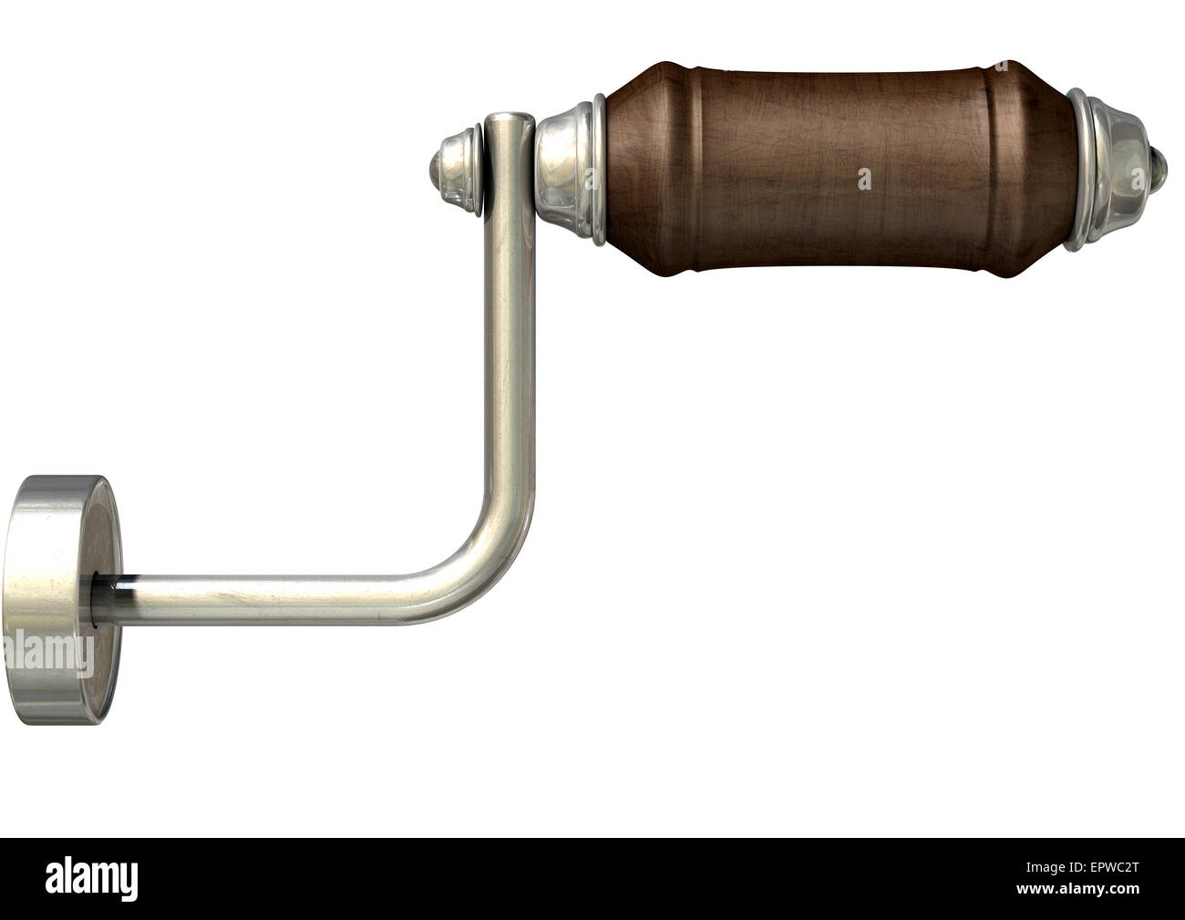 A plain view of a vintage wood and iron crank handle on an isolated ...