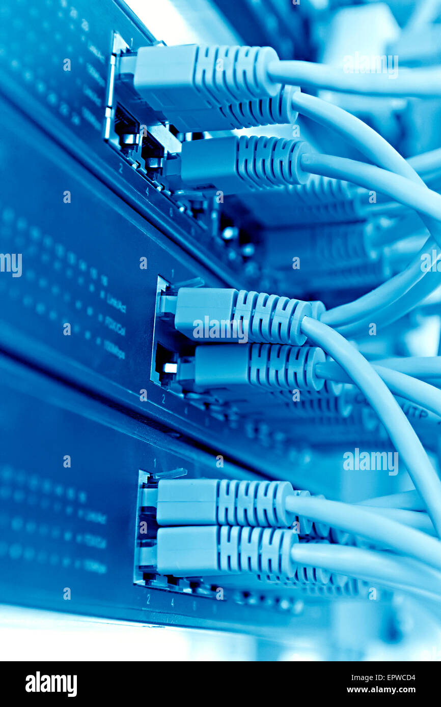 Patch Panel server rack with cords in the background, blue tone Stock ...