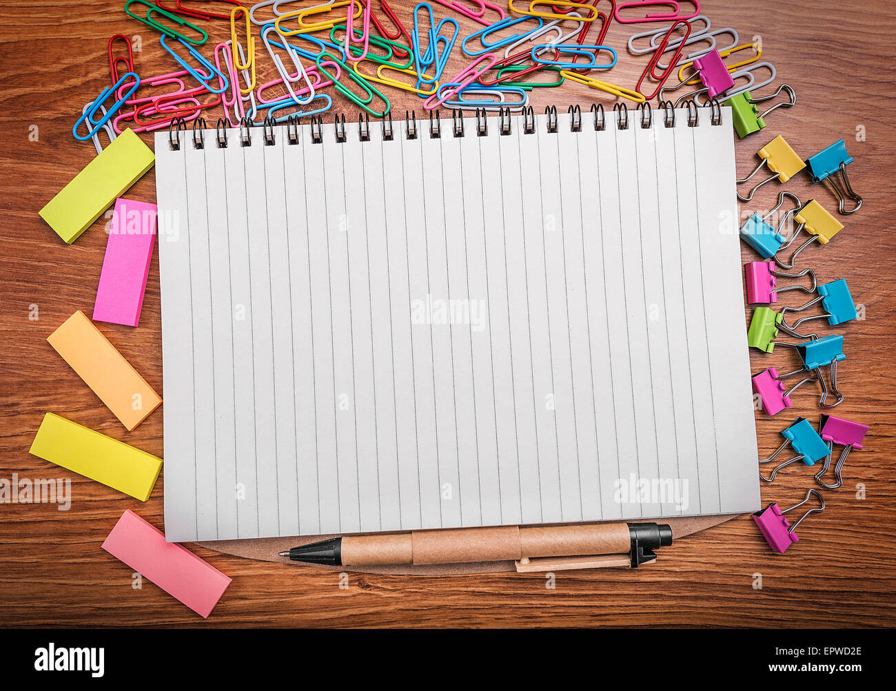 Colored stickers around notebook Stock Photo - Alamy