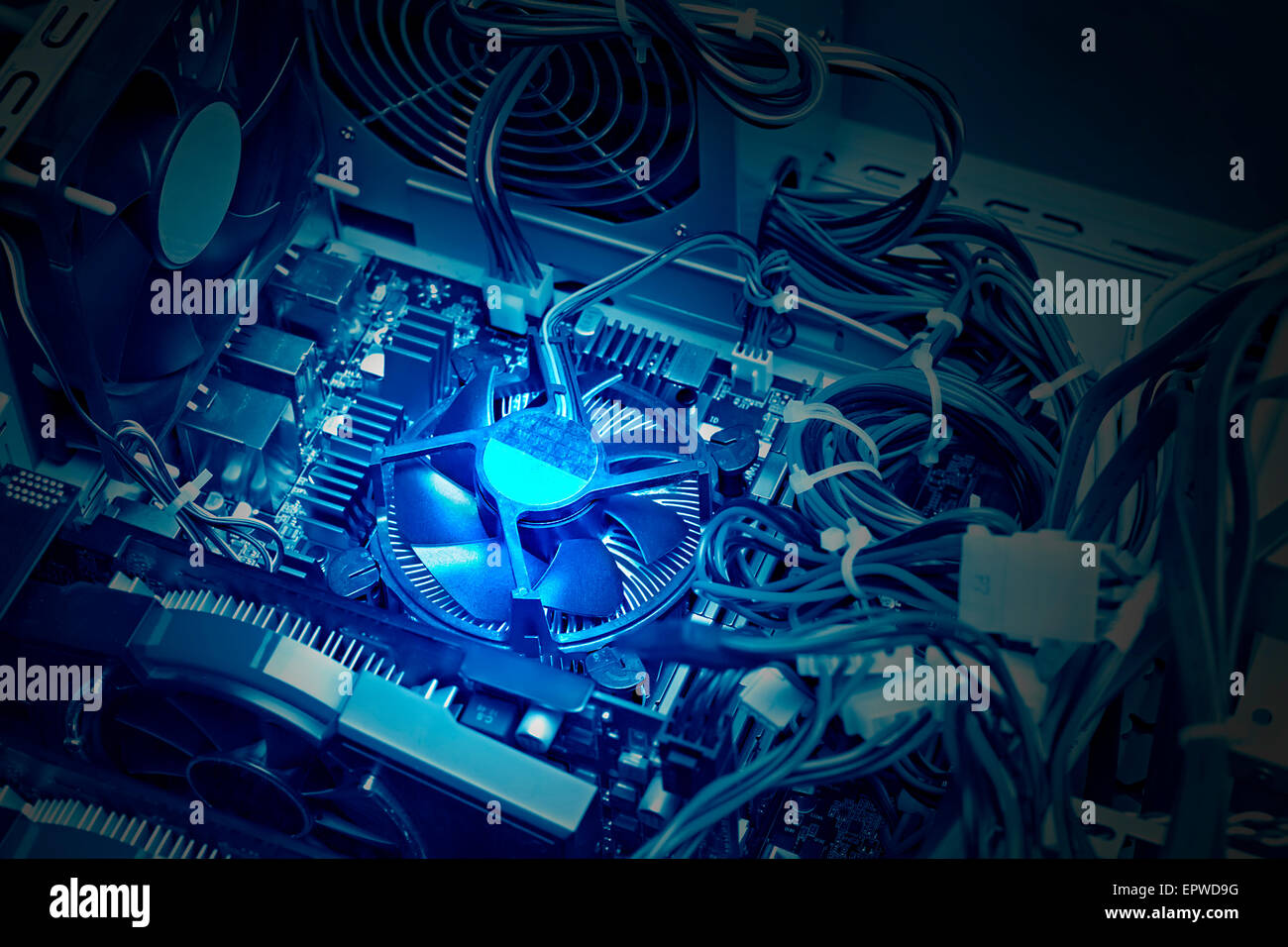 Close-up of the internal system block a PC, blue tone, light effect ...