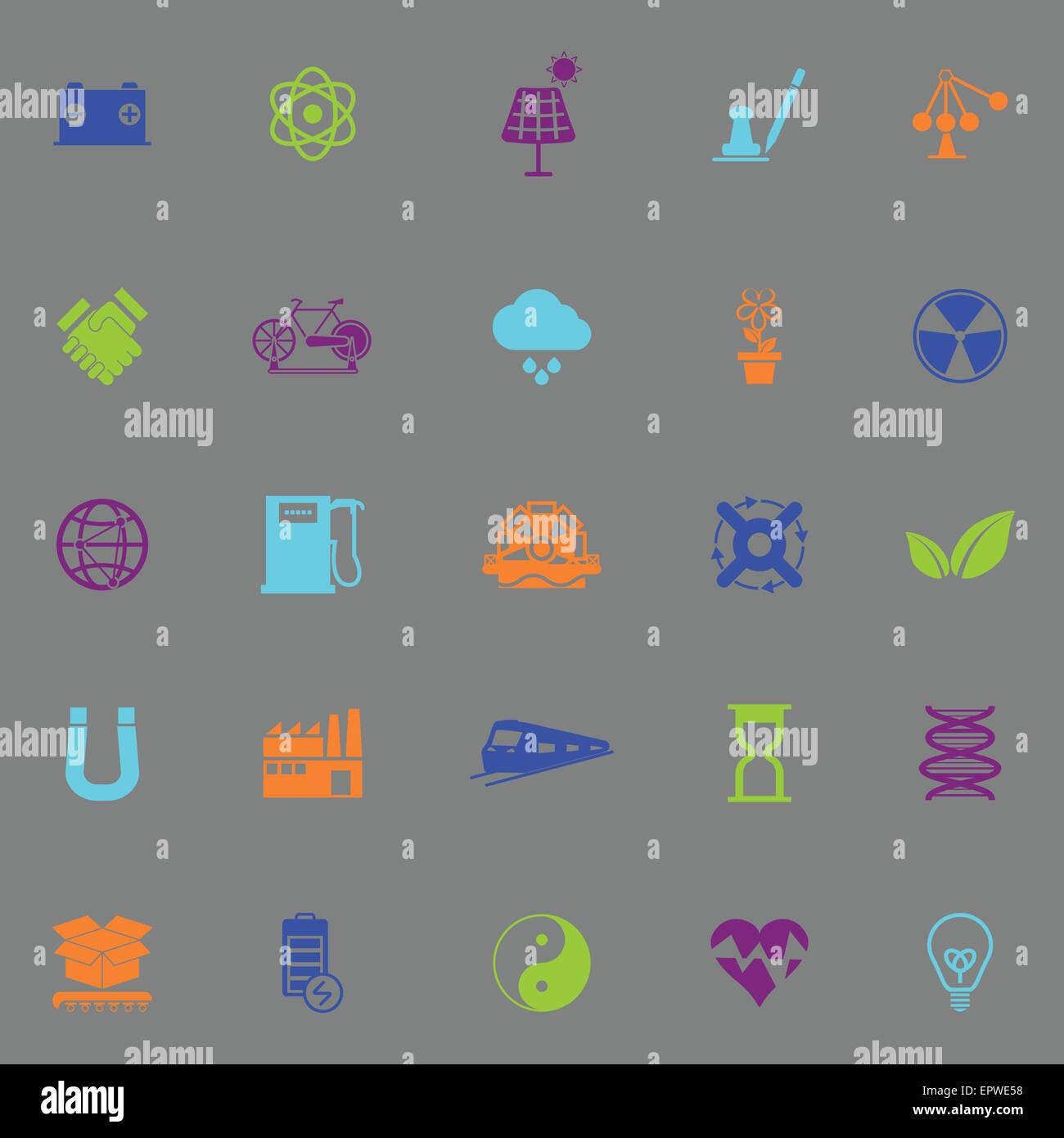 Renewable energy icons fluorescent color on gray background, stock ...