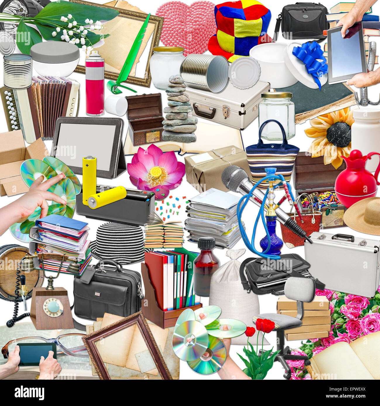 simple collage of isolated objects on white background Stock Photo - Alamy