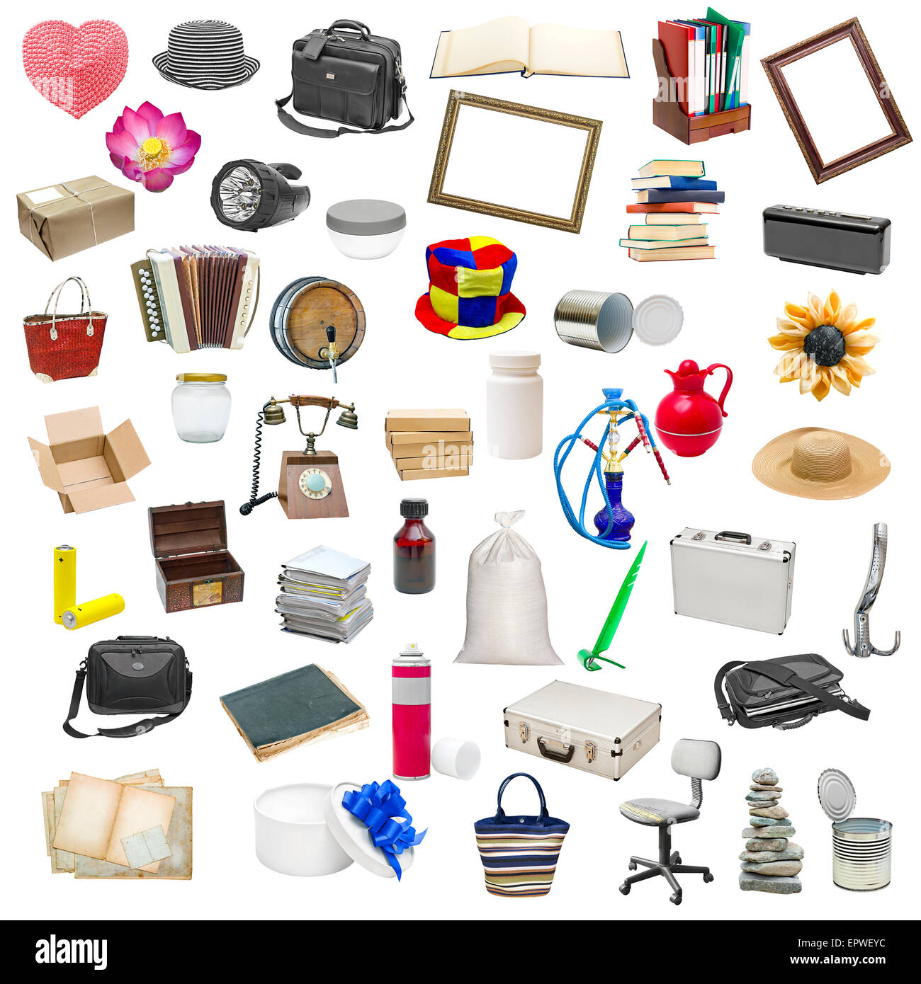 simple collage of isolated objects on white background Stock Photo - Alamy