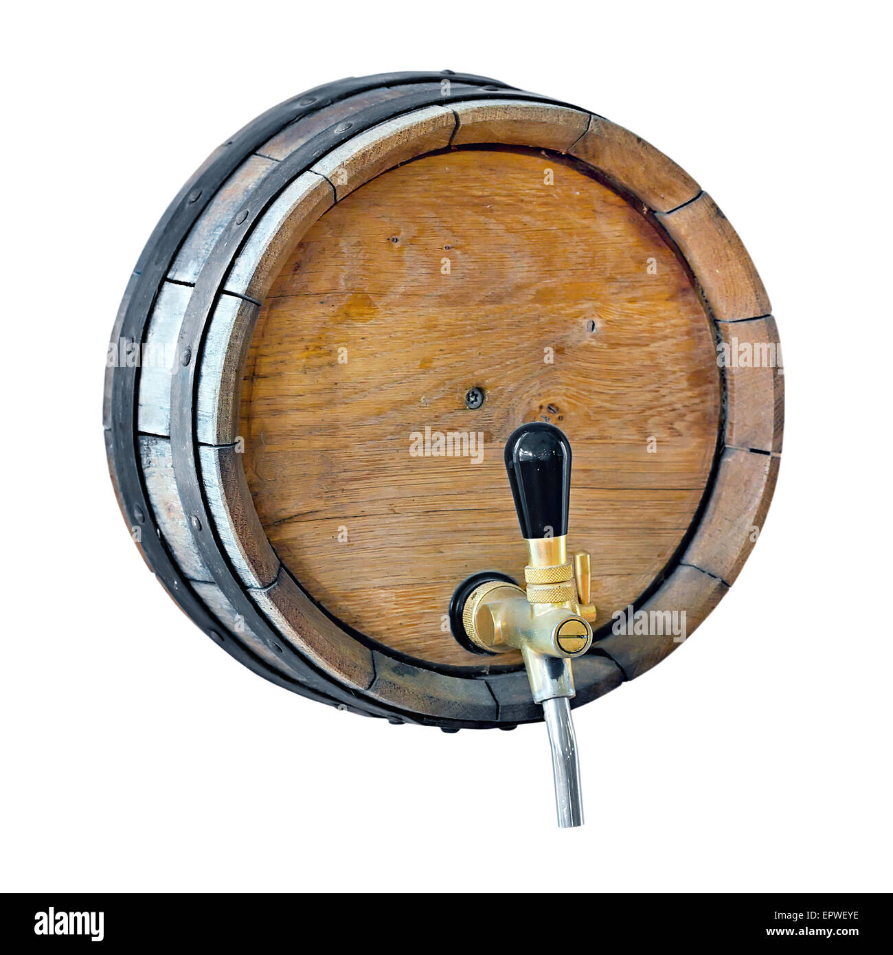 wooden barrel with a tap in the wall of isolated on white background ...