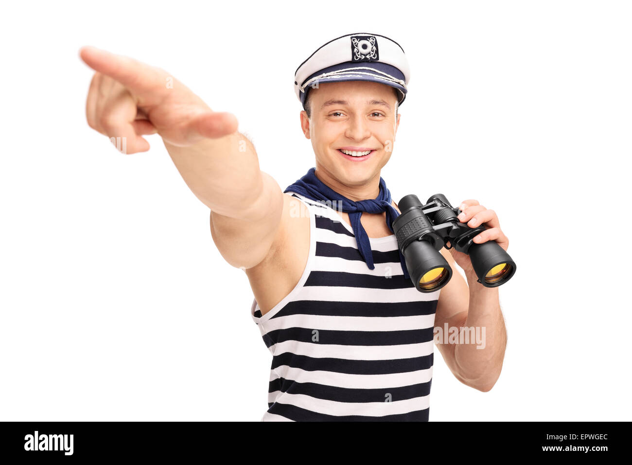 Male sailor holding binoculars and pointing with his hand isolated on ...