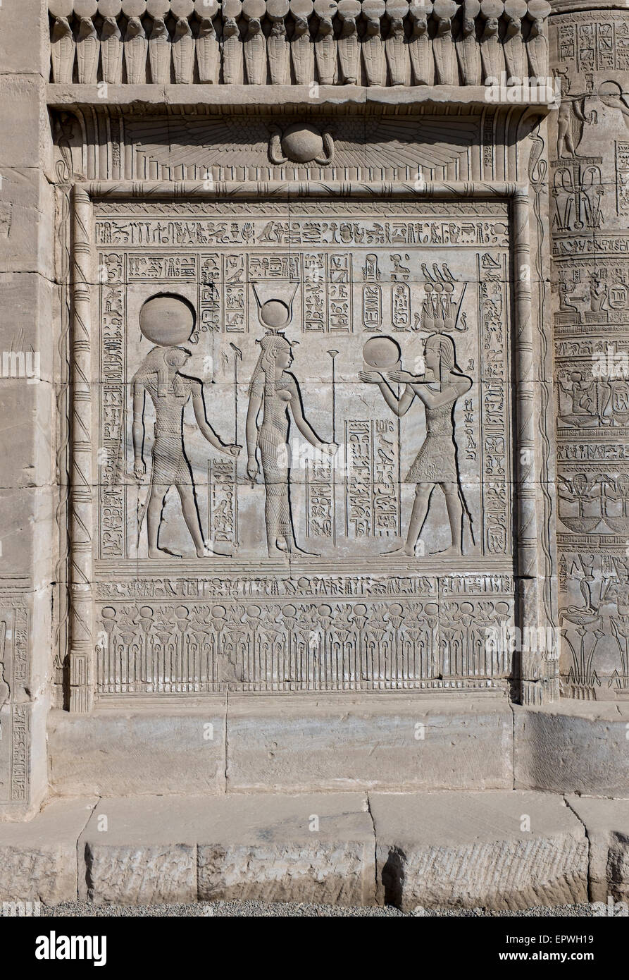 Heiroglyphic panel on the wall of the Mamisi, the birth house of Horus ...