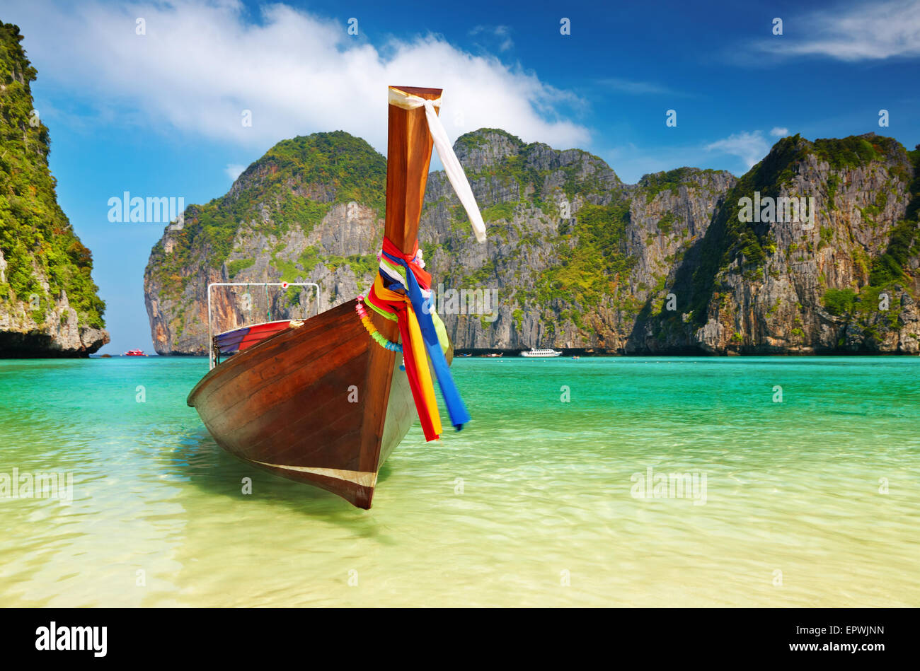 Tropical beach, traditional long tail boat, Maya Bay, Thailand Stock ...