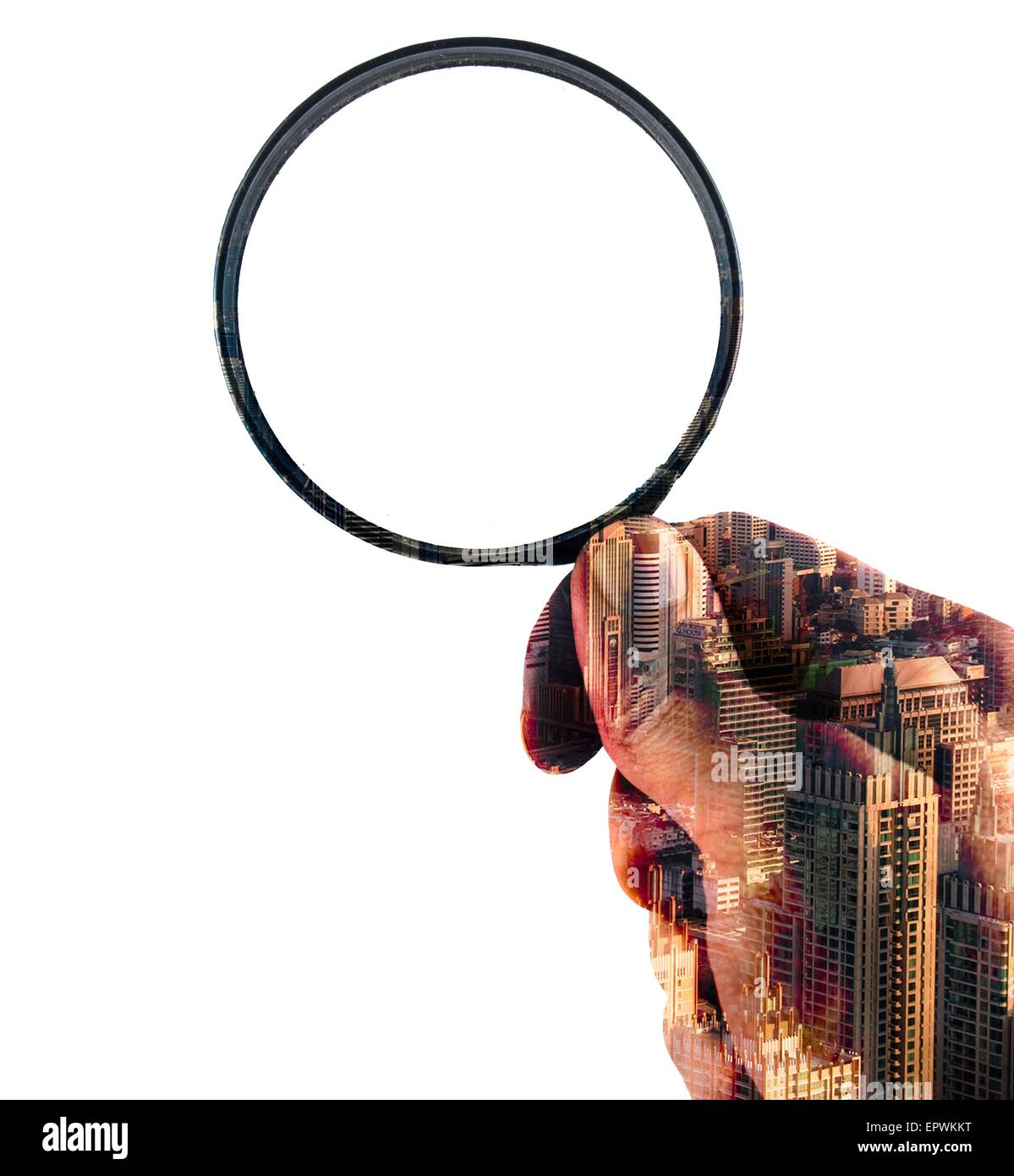 double exposure hand holding a magnifying glass Stock Photo - Alamy
