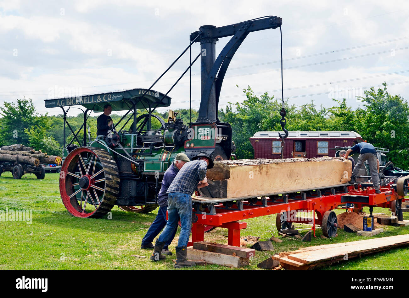 Using a crane on a steam traction engine to lift a tree-trunk onto a ...