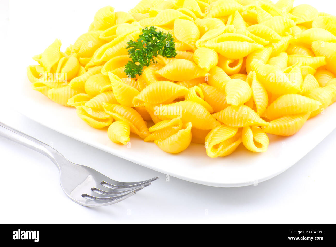 Macaroni and cheese made with shell pasta isolated on a white ...