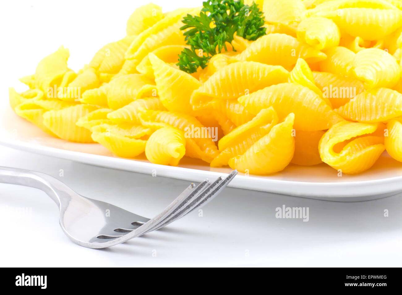 Macaroni and cheese made with shell pasta isolated on a white ...