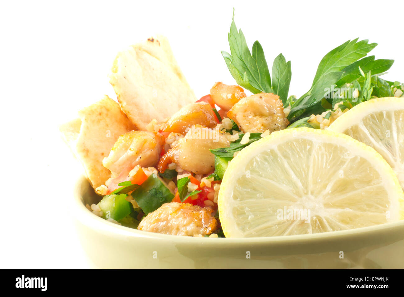 Healthy fresh chicken tabbouleh salad with pita chips Stock Photo - Alamy