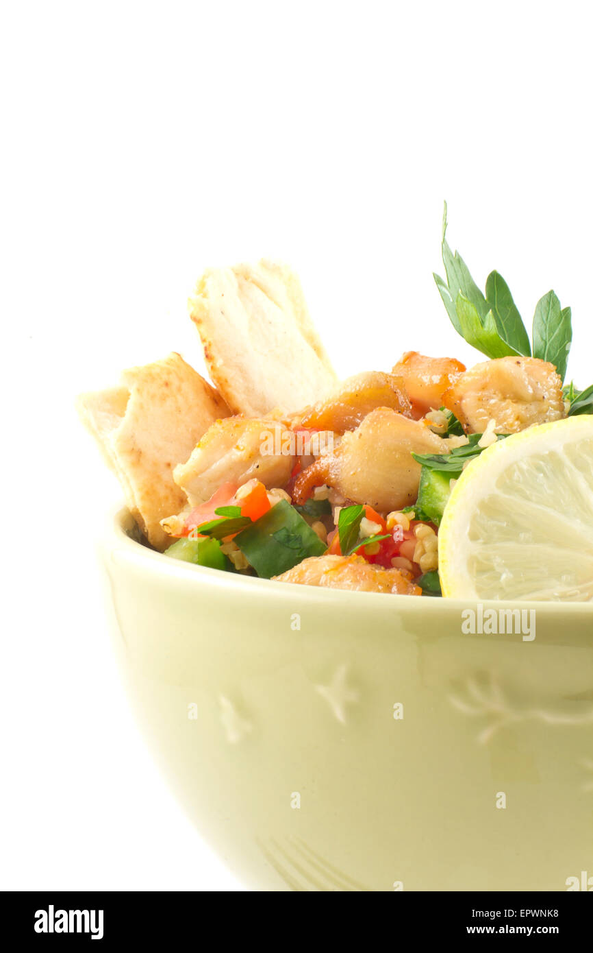 Healthy fresh chicken tabbouleh salad with pita chips Stock Photo - Alamy