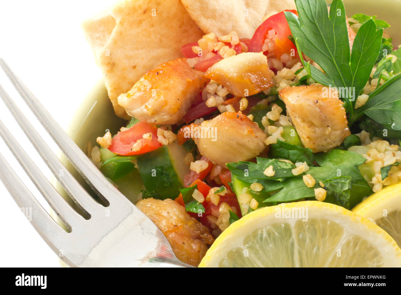 Healthy fresh chicken tabbouleh salad with pita chips Stock Photo - Alamy