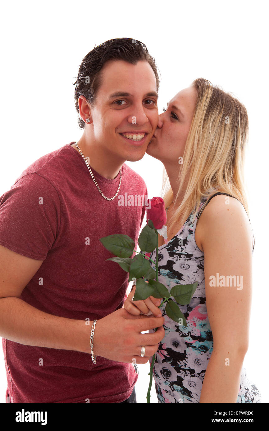 Girl is happy with rose giving by boyfriend over white background Stock ...