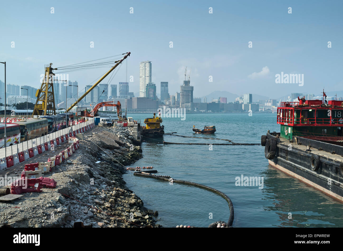 dh Construction WAN CHAI HONG KONG Crane barges reclaimed land Stock ...