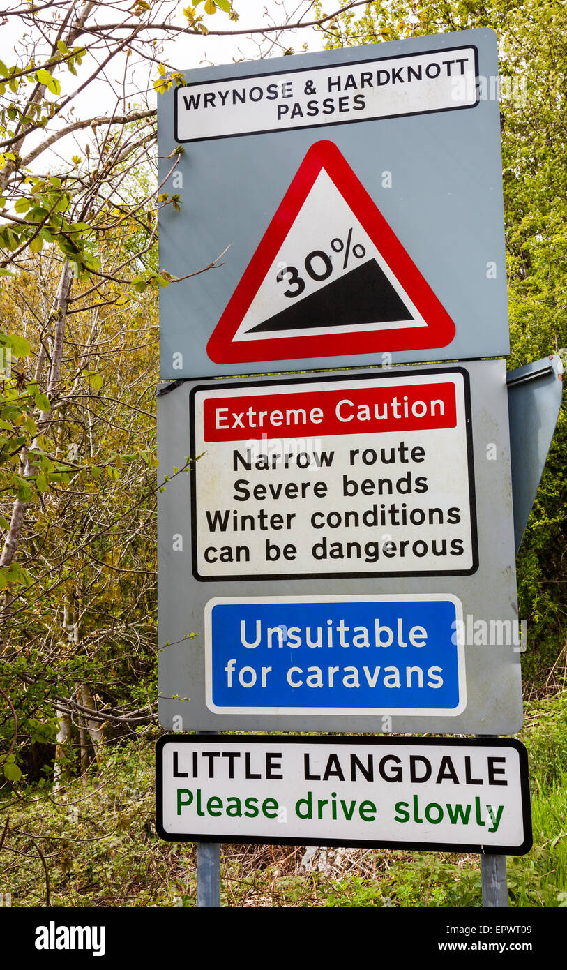 Warning sign at Little Langdale of road conditions in Wrynose and ...