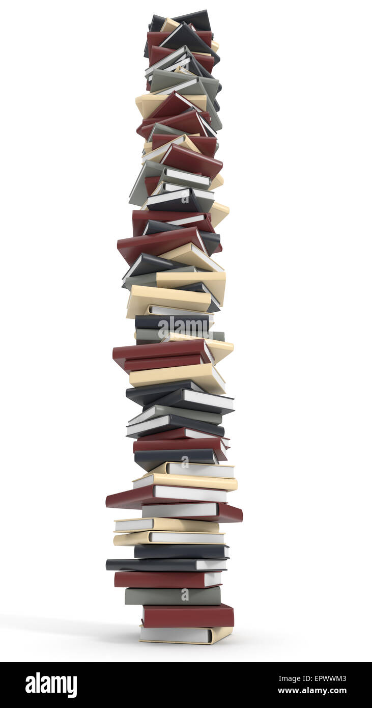 Towering stack of books isolated on white background Stock Photo - Alamy