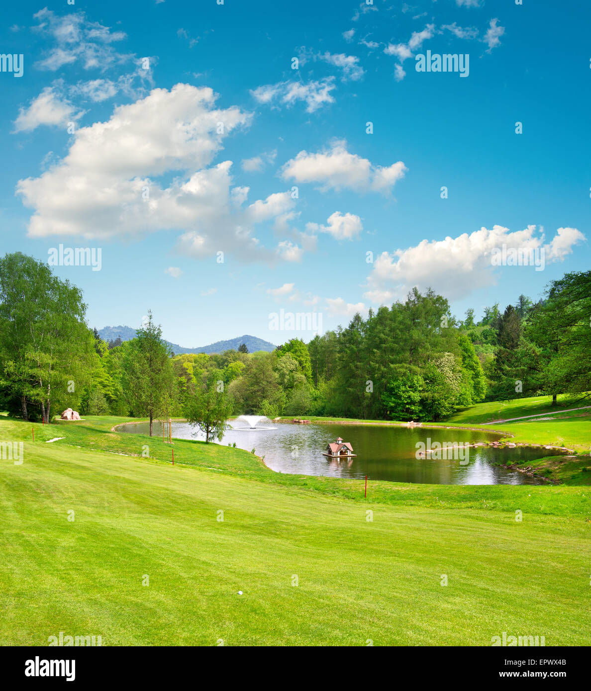 Golf field. European landscape with green grass and beautiful blue sky ...