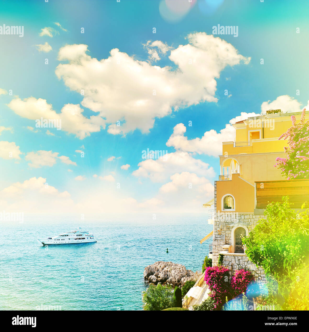 Beautiful mediterranean landscape. View of sea and luxury resort of ...