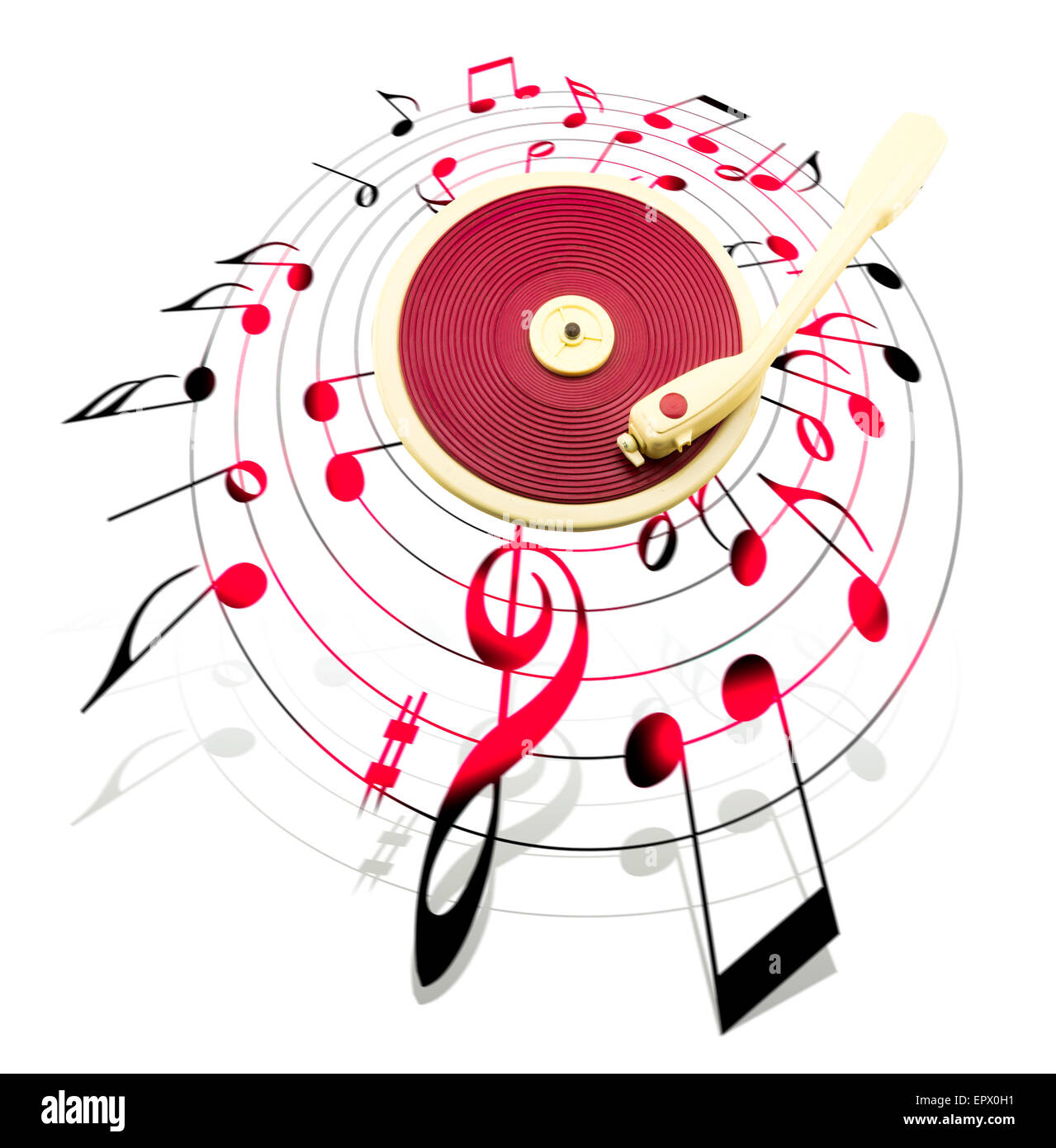 vintage red record player surrounded by musical notes Stock Photo - Alamy