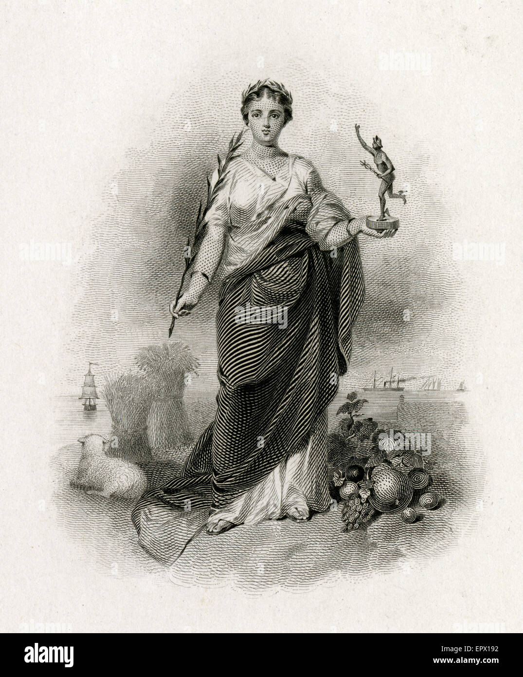 Antique c1870 steel engraving of lady Columbia representing the Return ...